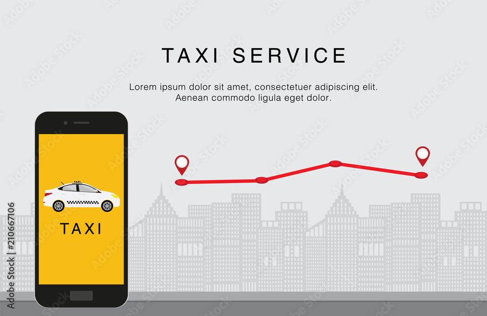 Taxi service. Mobile phone with taxi app on city background. Red map ...