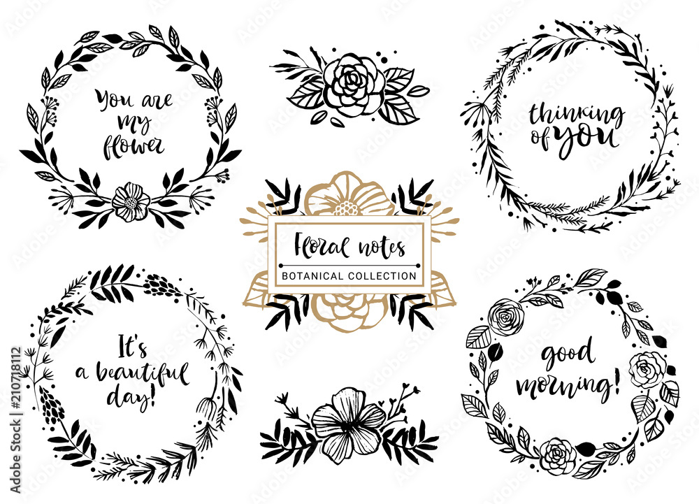 Flower bouquets, wreaths with inspirational quotes. Floral botanical ...