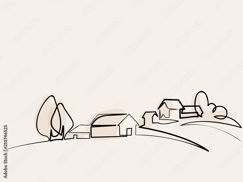 Continuous line drawing. Landscape with village on hill. Vector color ...