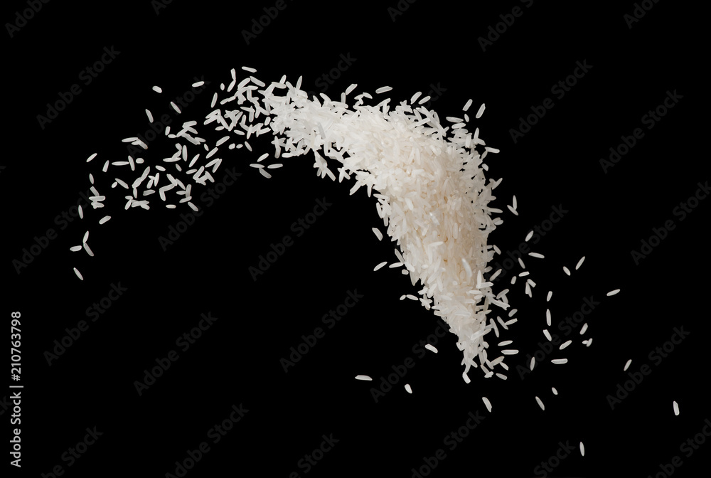 Stop motion white rice splash or explode flying in the air isolated on ...