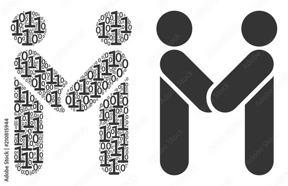 Persons handshake collage icon of zero and one symbols in variable ...
