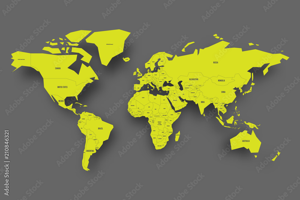 Political map of World. Green map with country borders and labels with ...