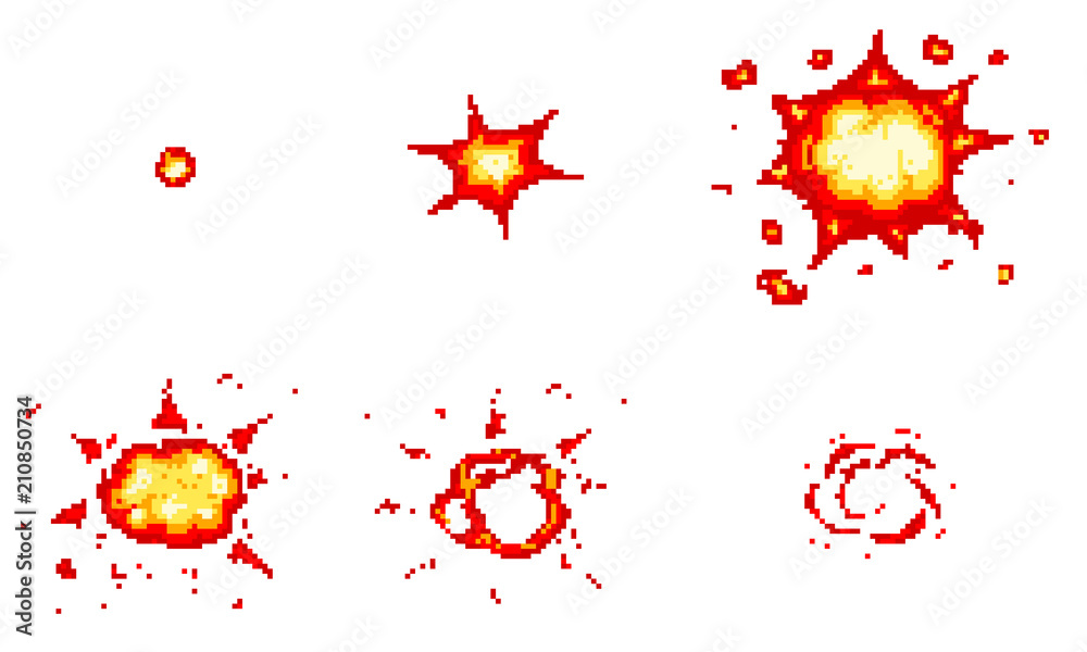 Stockvector Pixel art explosions. game icons set. Comic boom flame ...