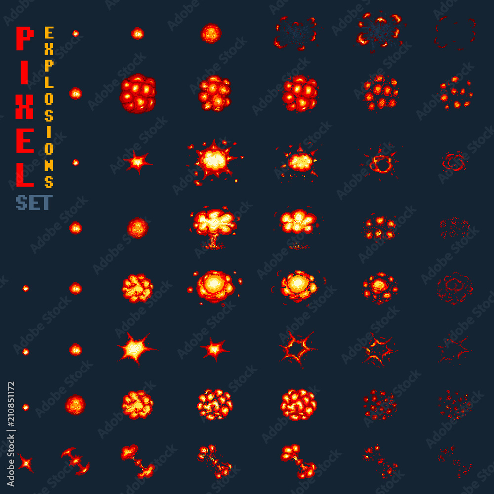 Pixel art explosions. game icons set. Comic boom flame effects for ...
