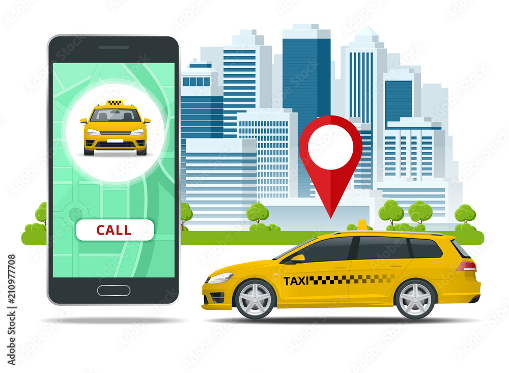 Image vectorielle Stock Yellow taxi cab and mobile application in phone ...