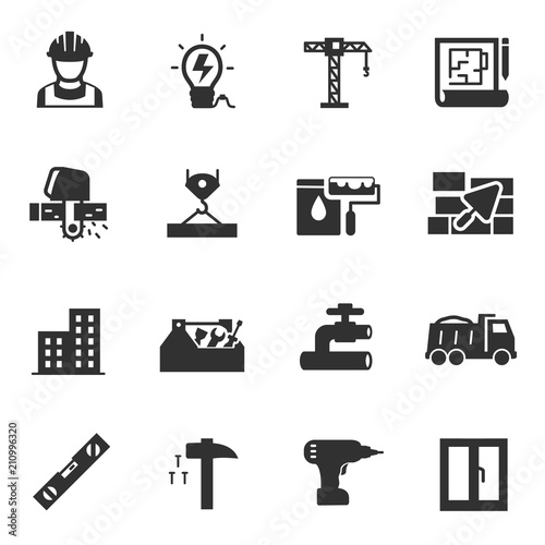 Building construction, monochrome icons set. Constructing a house or ...