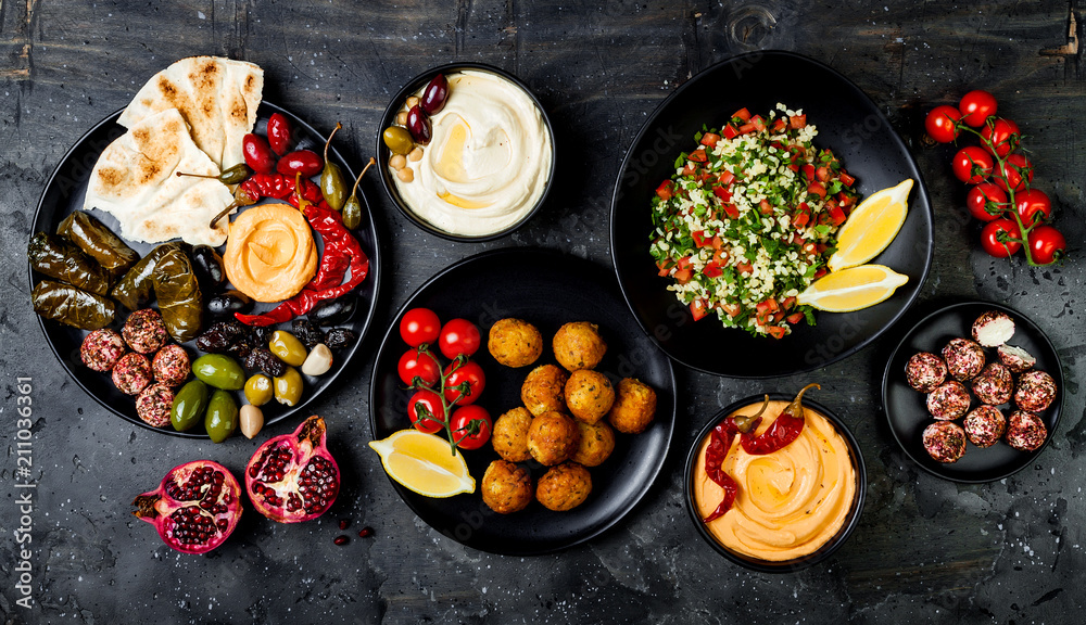 Arabic traditional cuisine. Middle Eastern meze platter with pita ...