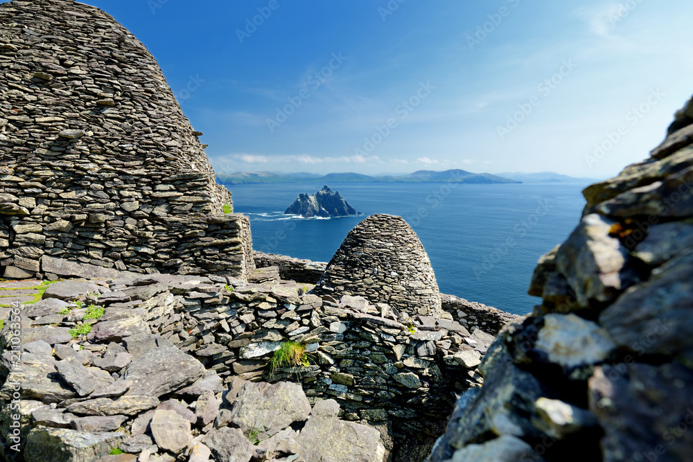 Skellig Michael or Great Skellig, home to the ruined remains of a ...