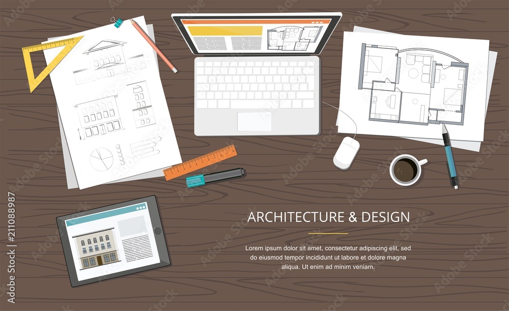 Workplace - Construction project architect house plan with tools ...