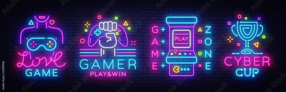 Video Game neon sign collection vector. Conceptual Logos, Love Game ...