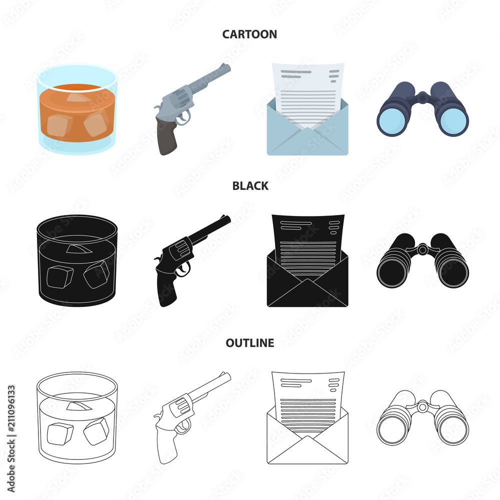 A glass of whiskey, a gun, binoculars, a letter in an envelope ...