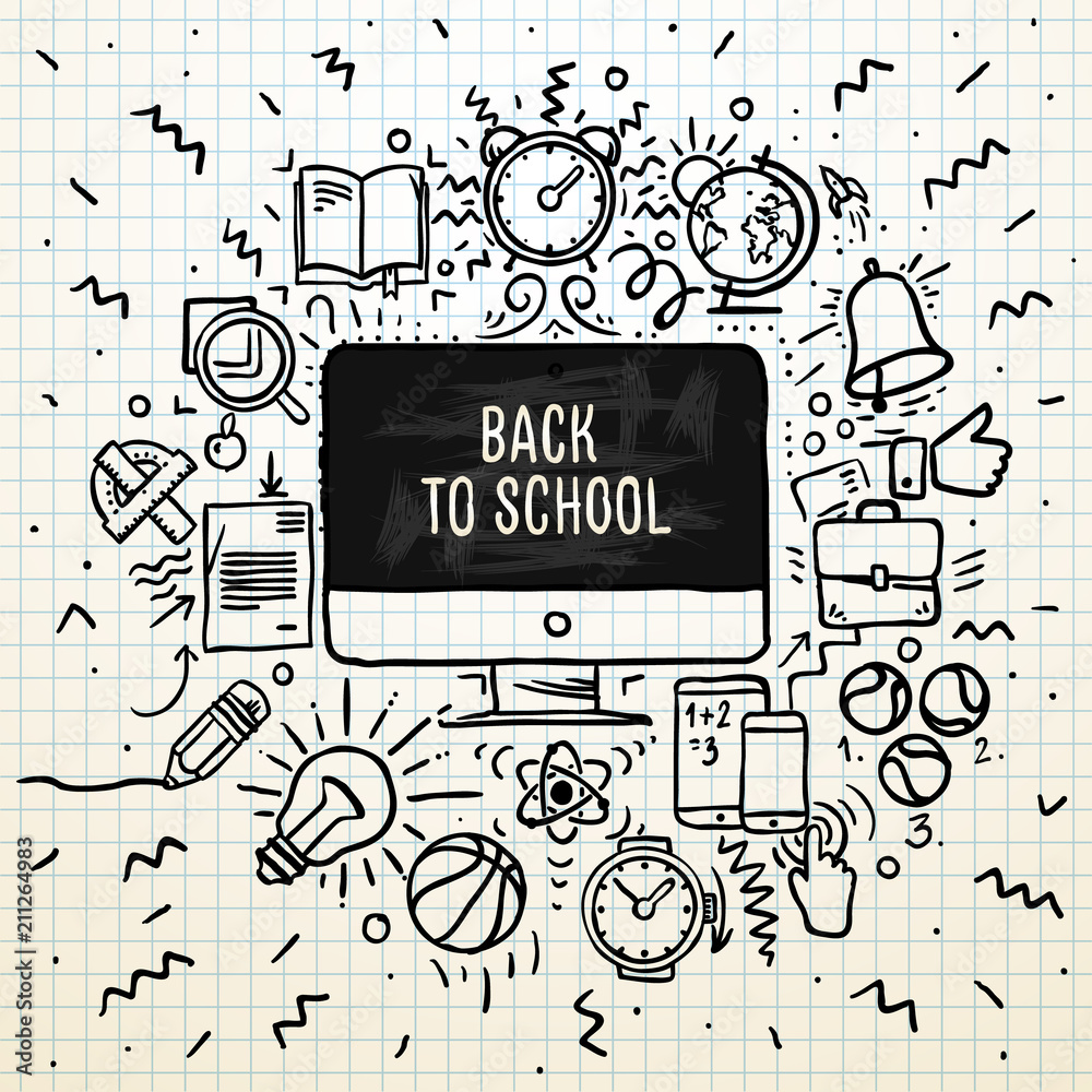 Back to school poster, sketchy notebook doodles with lettering, vector ...