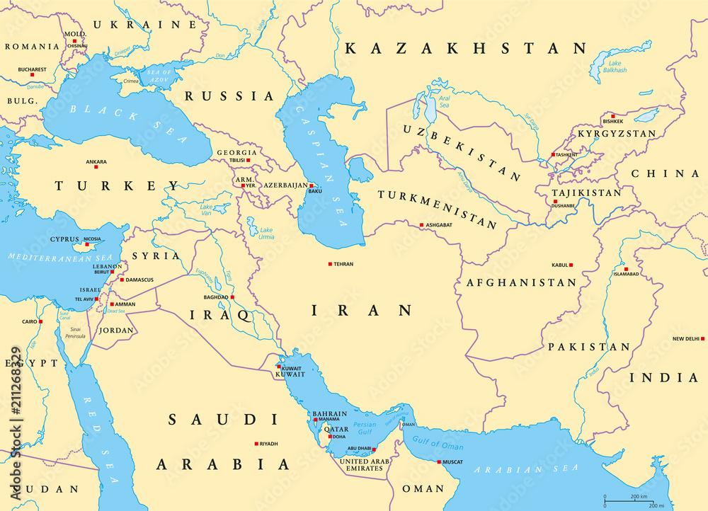 Middle East Southwest Asia Map Map Of Middle East Region Stock Vector.