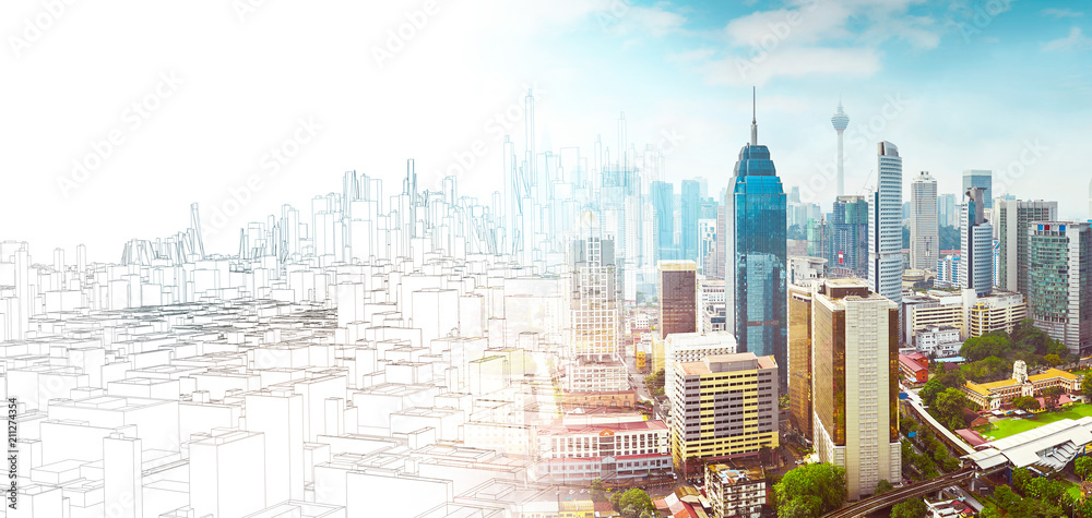 Sketch and real mix urban cityscape scene , development and real estate ...