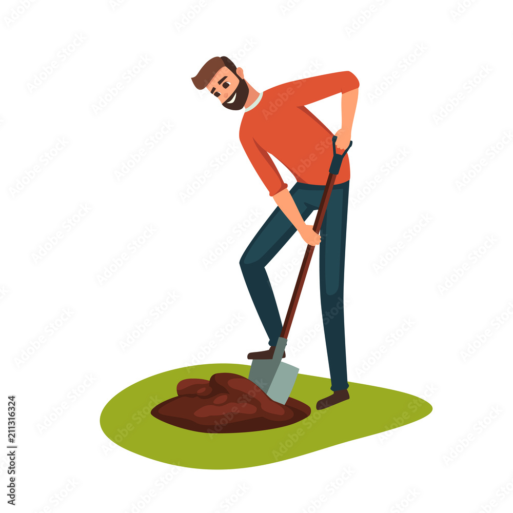 Man digging hole on the ground. Close up of boy shoveling dirt out of a ...