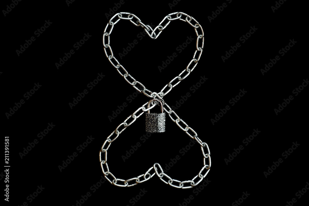 Two hearts connected together by padlock with chain, wedlock symbol ...
