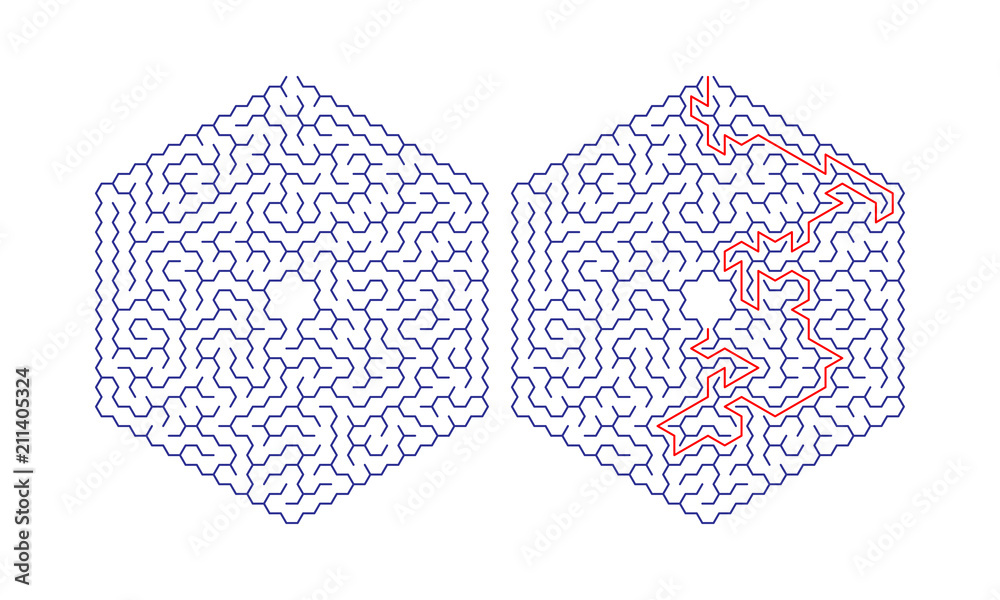Hexagonal labyrinth with a solution. Color hexagonal maze. A useful ...