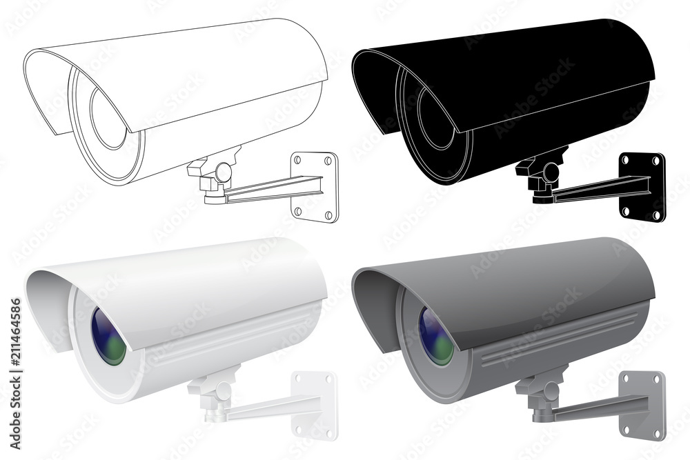 Vektor Security CCTV camera. Outline drawing, black silhouette and 3d ...