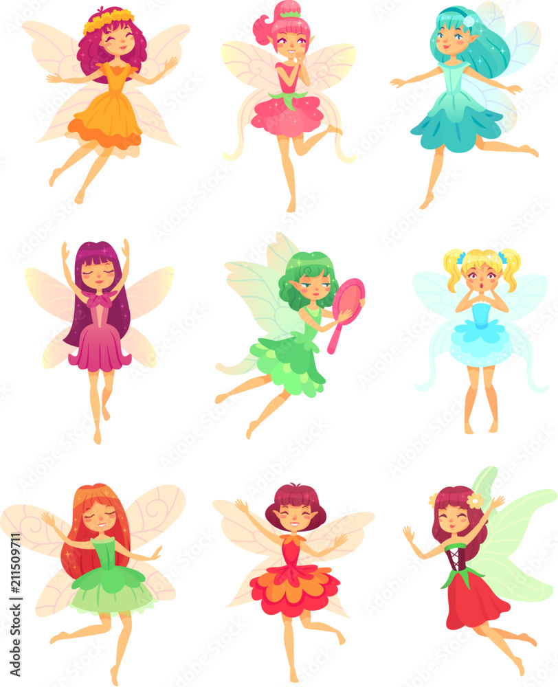 Cartoon fairy girls. Cute fairies dancing in colorful dresses. Magic ...