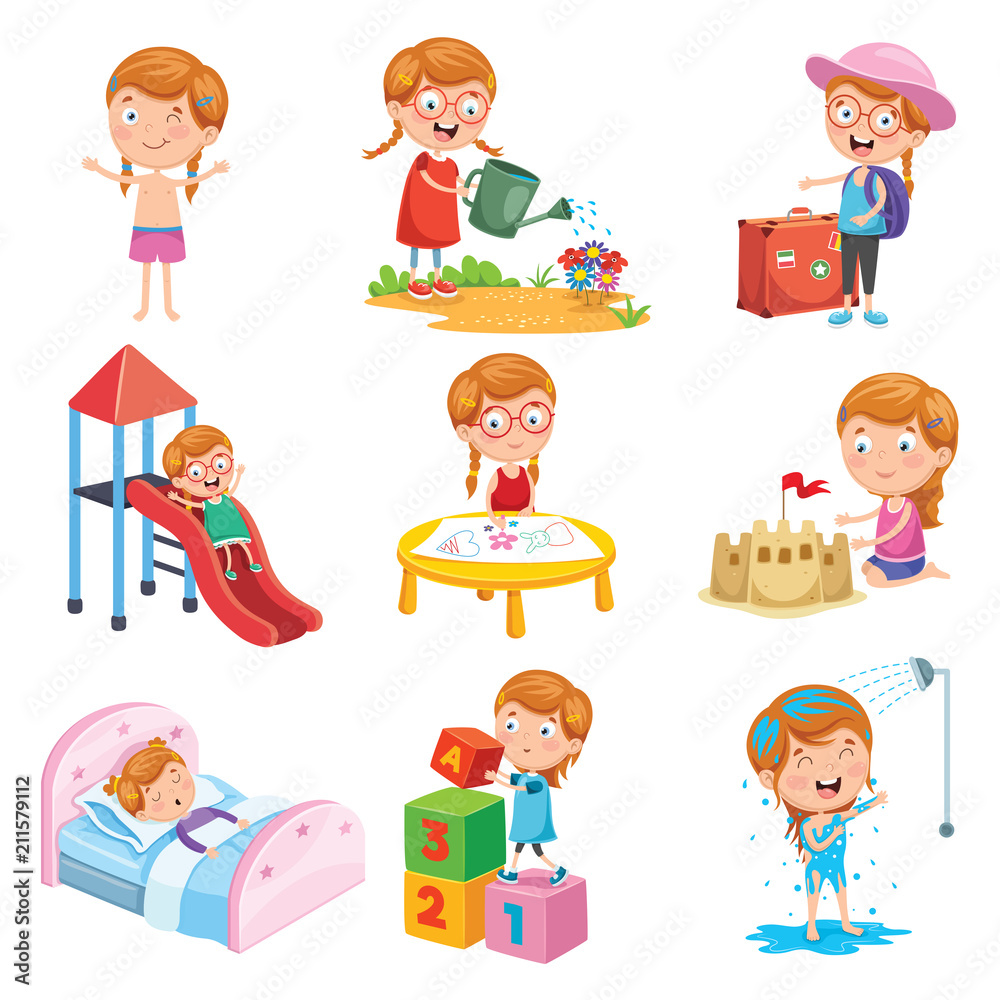 Vector Illustration Set Of Little Girl Daily Routines Stock Vector ...