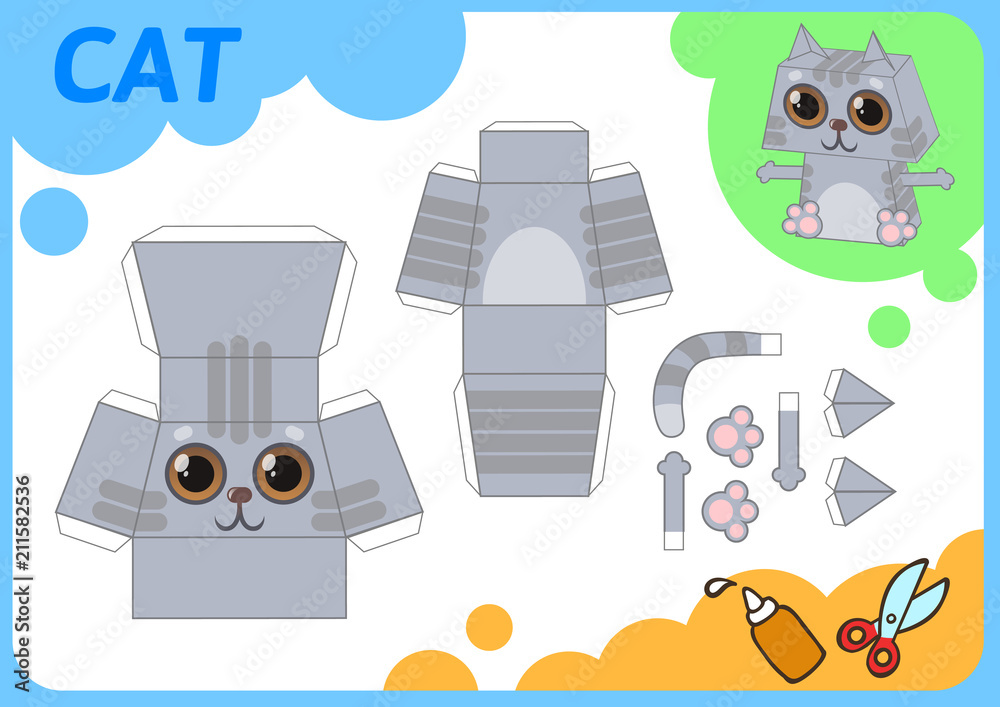 Funny Cat paper model. Small home craft project, paper game. Cut out ...