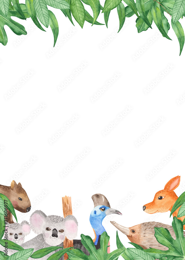 Watercolor card with animals and plants in Australia. Watercolor ...