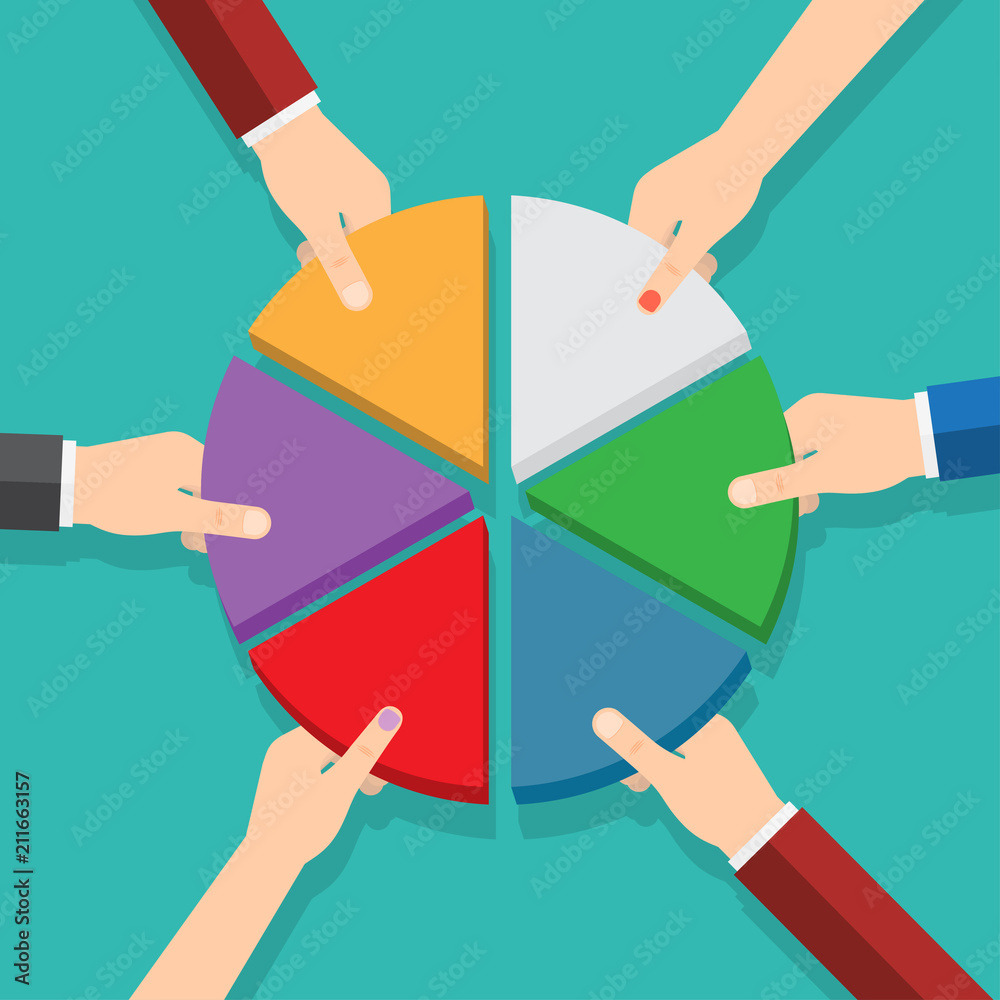 Six hands picking pie chart parts Stock Vector | Adobe Stock