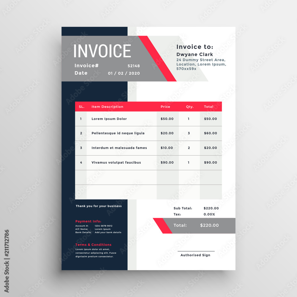 professional invoice template in red theme Stock Vector | Adobe Stock