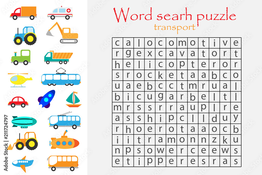 Word search puzzle for children, transport theme, fun education game ...