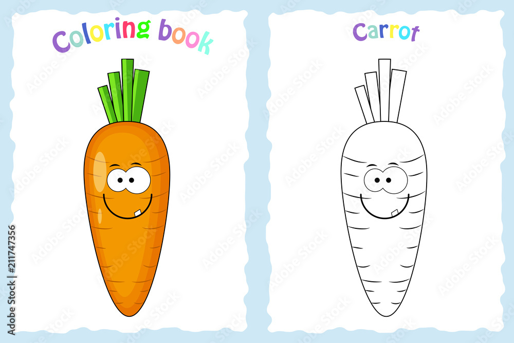 Coloring book page for children with colorful carrot and sketc Stock ...