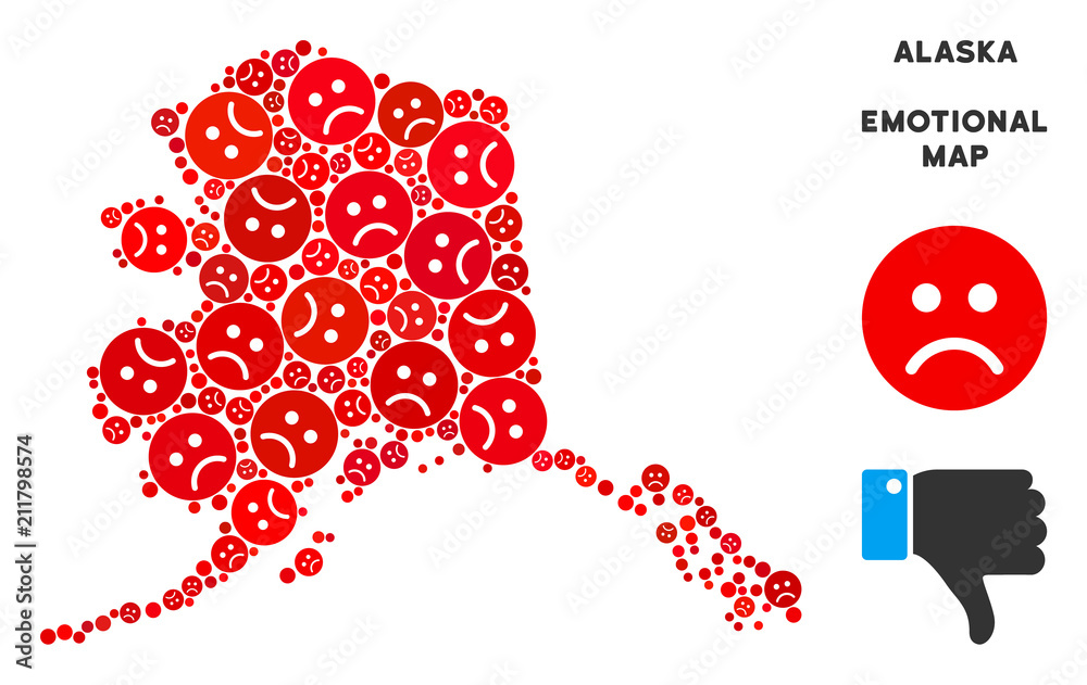 Emotional Alaska map composition of sad smileys in red colors. Negative ...