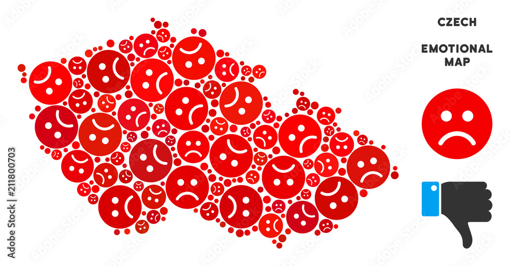 Emotional Czech map mosaic of sad smileys in red colors. Negative mood ...