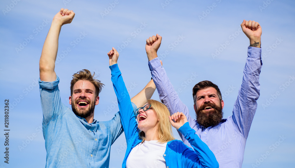 Employees enjoy feeling of freedom. Freedom concept. Company happy ...