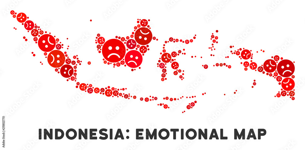 Emotion Indonesia map mosaic of sad smileys in red colors. Negative ...
