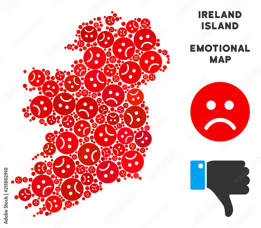 Emotion Ireland Island map mosaic of sad emojis in red colors. Negative ...