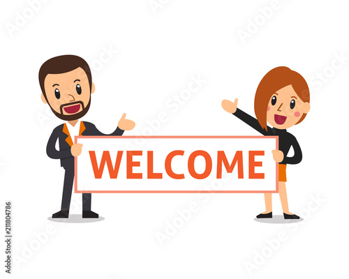Vector cartoon business people holding welcome sign for design. - Buy ...