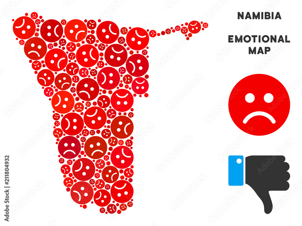 Emotion Namibia map composition of sad emojis in red colors. Negative ...