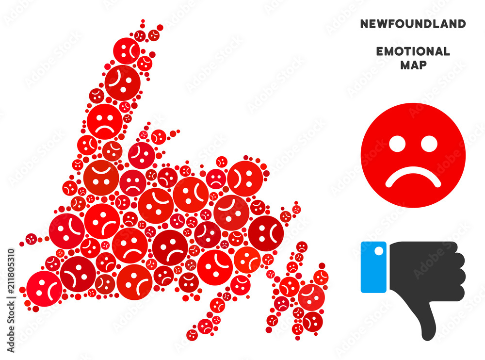 Emotion Newfoundland Island map composition of sad emojis in red colors ...