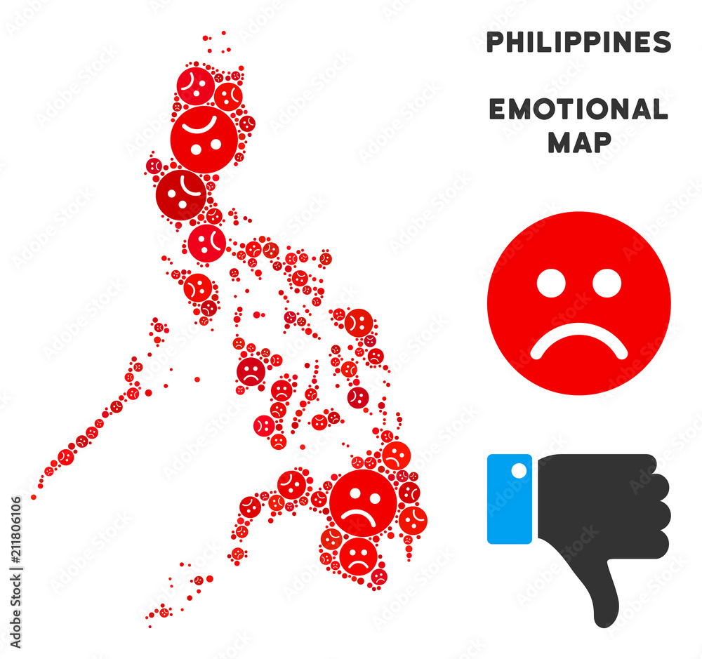 Vector de Stock Emotion Philippines map collage of sad smileys in red ...