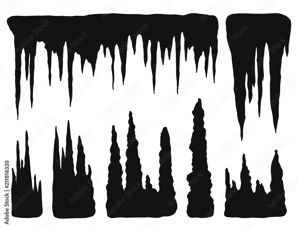 stalactites, growths and mineral formations. vector silhouette isolated ...