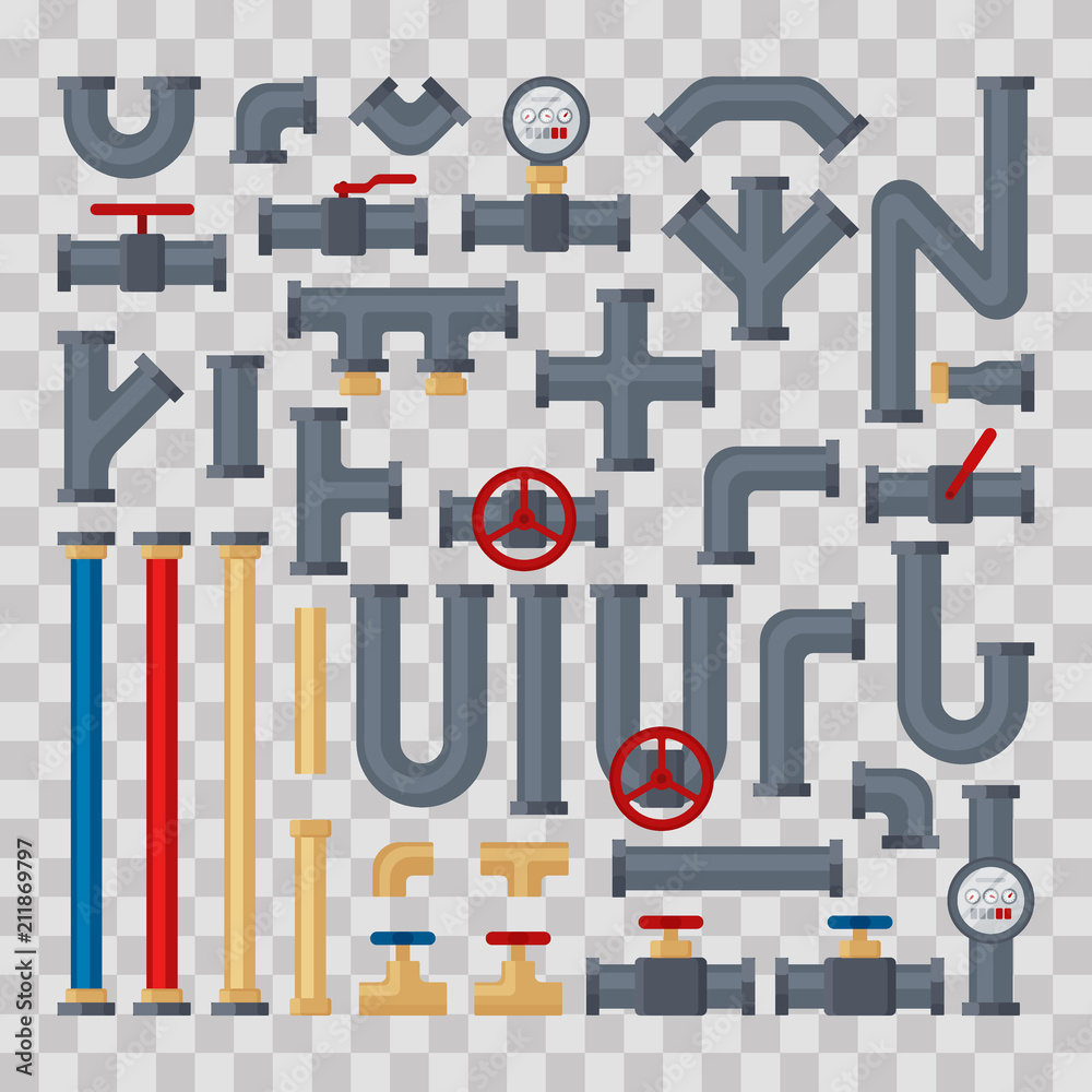 Set of tubes and pipelines pats on transparent background. Flat ...