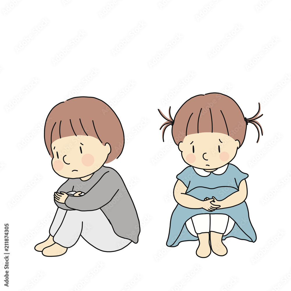 Vector illustration of little kids hugging knees, feeling sad and ...