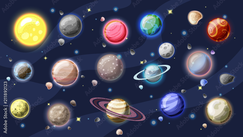 Solar system vector cartoon collection. Planets, moons of Earth ...