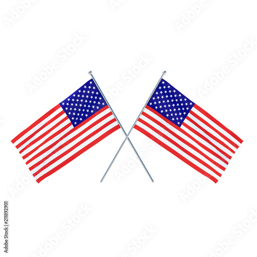Two American flags arranged to cross each other on isolated white ...