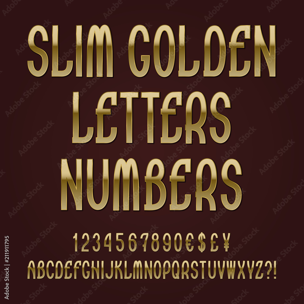 Slim golden letters, numbers, dollar, yen, pound and euro currency ...