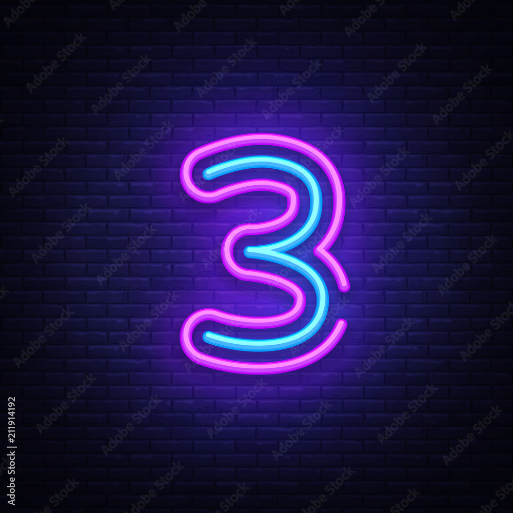Number three symbol neon sign vector. Third, Number three template neon ...