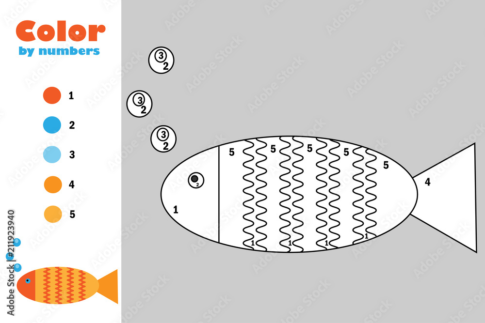 Fish in cartoon style, color by number, education paper game for the ...