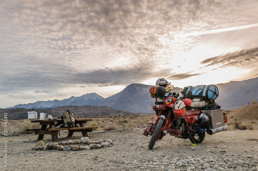 Loaded touring motorcycle parked at picnic area, High Sierra National ...