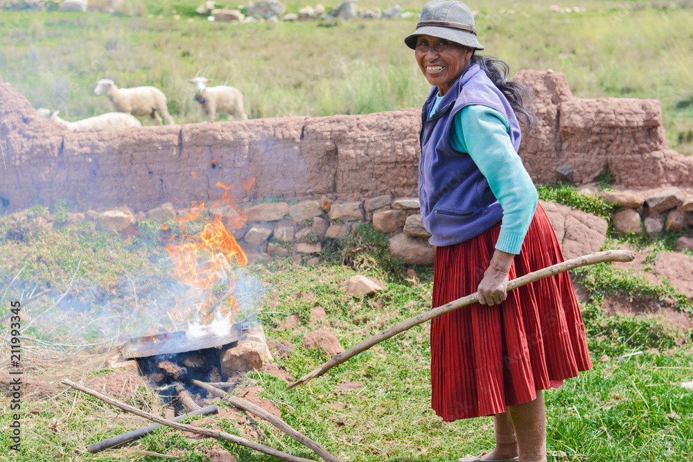 Happy native american woman cooking in the countryside in the natural ...