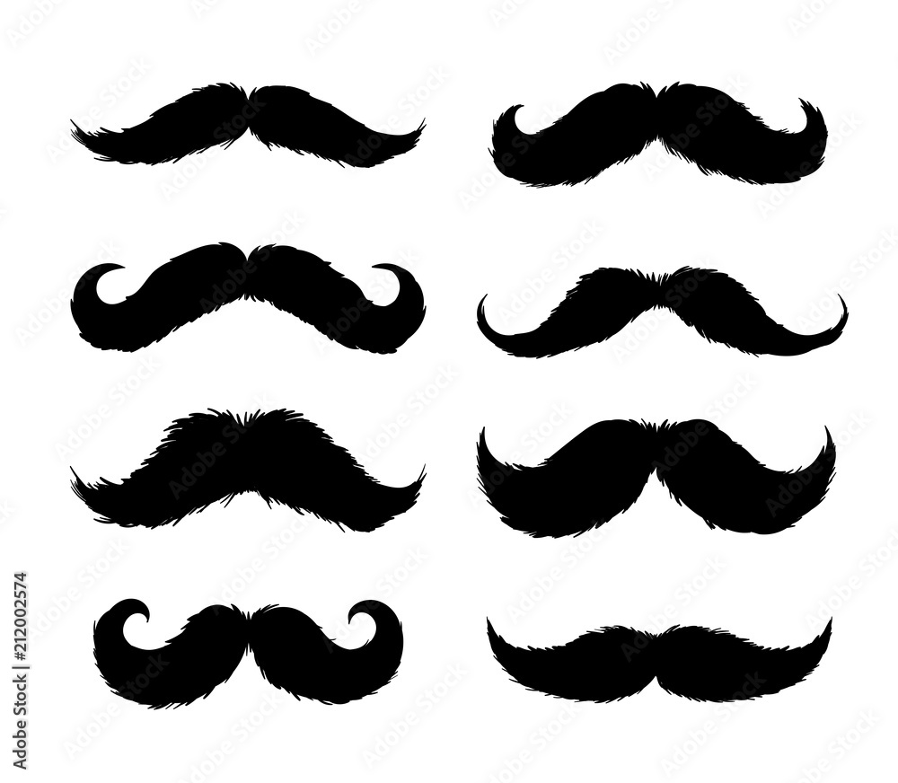 Set of Moustaches sticker. Hand drawn black silhouettes for paper ...
